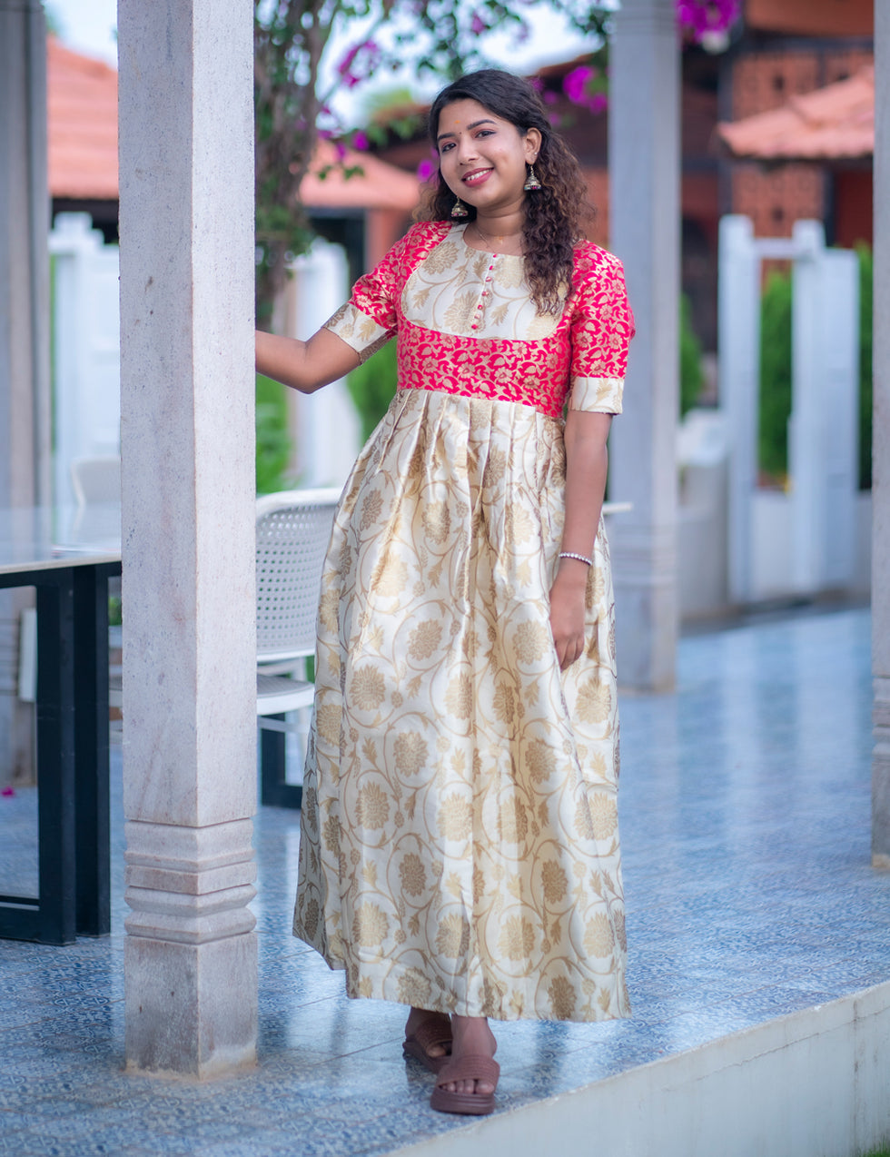 CREAM WITH RED BANARASI SHINY FULL FROCK – beanzbery